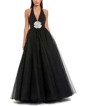 Mac Duggal Jersey Halter Ballgown With Tulle Skirt And Flower