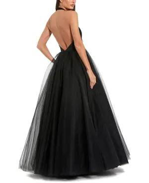 Mac Duggal Jersey Halter Ballgown With Tulle Skirt And Flower