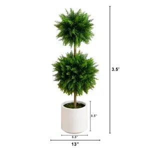 NEARLY NATURAL 3.5' Uv Resistant Artificial Cedar Double Ball Topiary Tree In White Decorative Planter