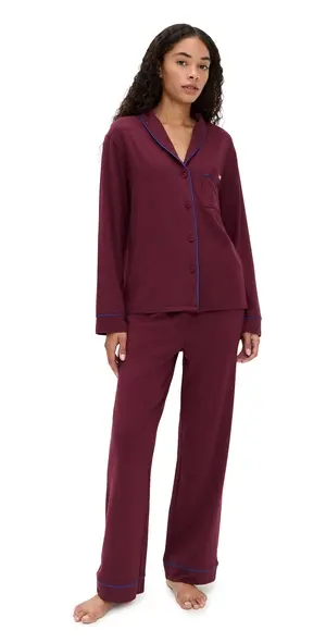 Lunya Slumberknit Shawl Collar Button Down Pants Set - Calliope Wine/royal Lagoon