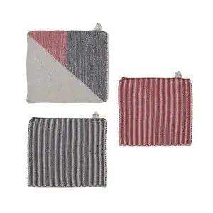 STORIED HOME 3-piece Cotton Knit Dish Cloths With Pattern - Red