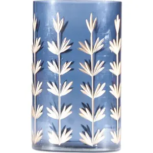 STORIED HOME Hand-painted Cut Glass Candle Holder/vase With Botanical Design - Navy