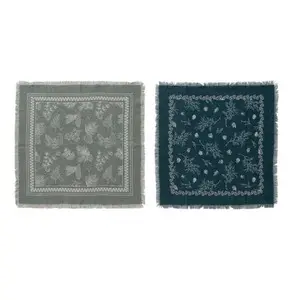 STORIED HOME 4-piece Square Linen Printed Napkins With Pine Bough Patterns And Frayed Edges - Teal
