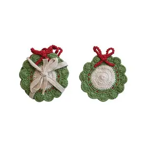 STORIED HOME Cotton Crocheted Wreath Shaped Coasters, Green, And White - Red