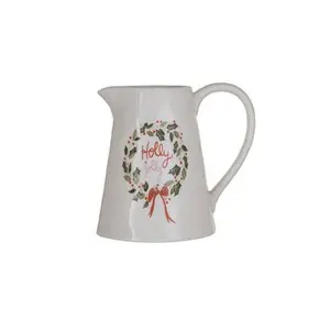STORIED HOME 1 Quart Stoneware Pitcher With Gold Electroplating "holly Jolly - White
