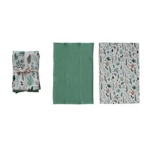 STORIED HOME 2-piece Woven Waffle Weave/slub Printed Tea Towels With Botanical Pattern - Green