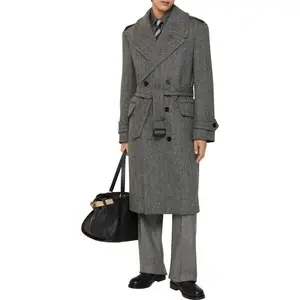 Burberry Long Herringbone Wool Trench Coat