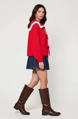 MODENAIRE Ruffle Collar Knit Sweater With Tie-front Closures And Contrast Trim