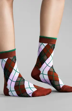 Hansel From Basel Argyle Crew Socks With Sheer Insets - Pink-red