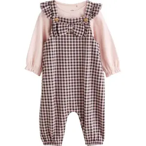 NEXT Pointelle Bodysuit And Bow Accent Check Overalls Set