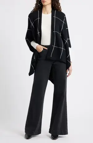 Nordstrom Windowpane Ribbed Wool & Cashmere Poncho - Black Windowpane