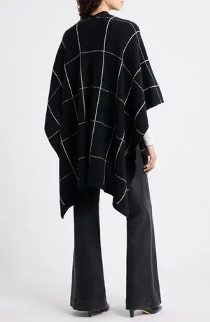 Nordstrom Windowpane Ribbed Wool & Cashmere Poncho - Black Windowpane