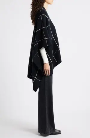 Nordstrom Windowpane Ribbed Wool & Cashmere Poncho - Black Windowpane