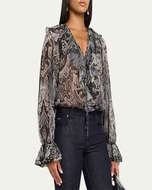 Kobi Halperin Locke Ruffle Tie-neck Blouse - Black Multi