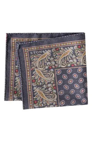 Eton Paisley & Plaid Reversible Wool Pocket Square - Navy