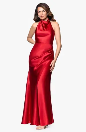Betsy & Adam Charmeuse Halter Trumpet Gown