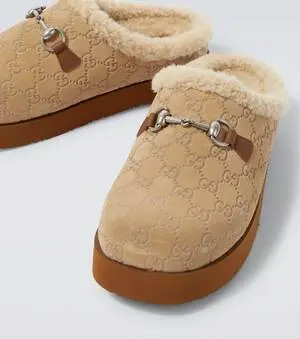 Gucci Gg Shearling-trimmed Suede Mules