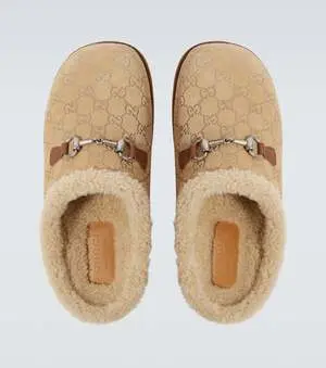 Gucci Gg Shearling-trimmed Suede Mules