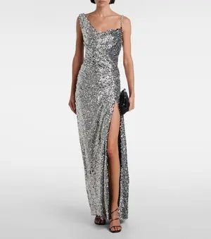 AREA One-shoulder Sequined Gown