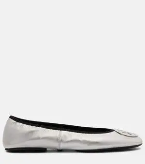 Tory Burch Reva Travel Leather Ballet Flats - Silver