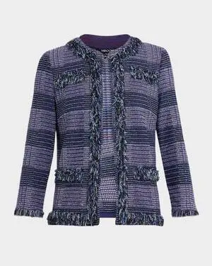 Misook Fringe-trim Tweed Jacket