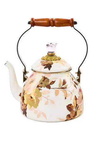 MACKENZIE-CHILDS Wild Rose Enameled Steel 2-quart Tea Kettle White