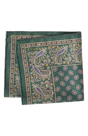 Eton Paisley & Plaid Reversible Wool Pocket Square - Dark Green