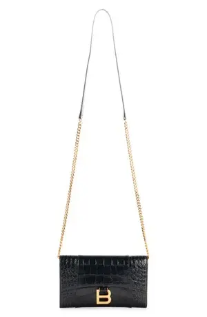 Balenciaga Hourglass Croc Embossed Patent Leather Wallet On A Chain - 1000 Black