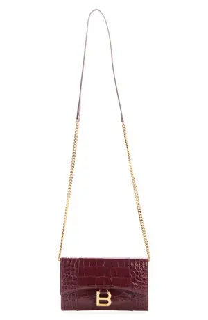 Balenciaga Hourglass Croc Embossed Patent Leather Wallet On A Chain - 6036 Dark Burgundy