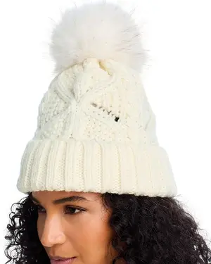 KYI KYI Faux Fur Pom Pom Cable Knit Beanie - Ivory