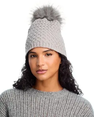 KYI KYI Faux Fur Pom Pom Lattice Knit Beanie - Grey