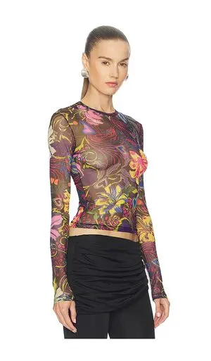 AREA Hotfix Printed Long Sleeve Tulle Top