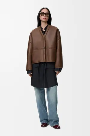 Loewe Shearling Cardigan With Anagram Pebble Button - Khaki Brown