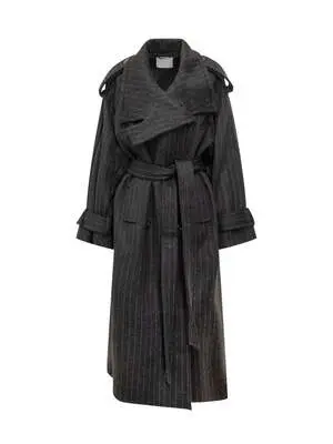 Sportmax Striped Wool Coat With Belt - Black