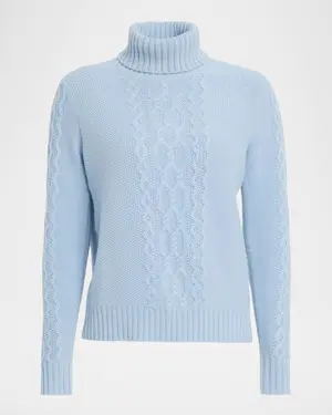 Neiman Marcus Cashmere Cable Knit Turtleneck Sweater - Sky Blue