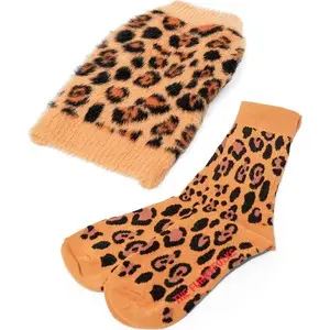 THE FURRYFOLKS Leopard Pet Sweater & Crew Socks Set - Brown