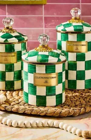 MACKENZIE-CHILDS Check Small Enameled Steel Canister - Emerald