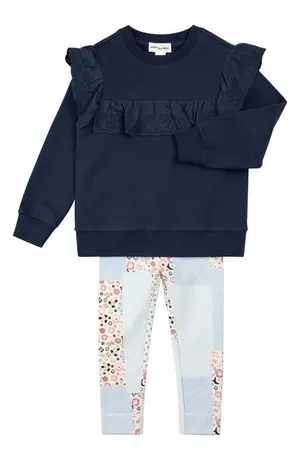 MILES THE LABEL Ruffle Accent Sweatshirt & Patchwork Print Leggings Set