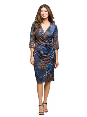 24SEVEN COMFORT APPAREL Faux Wrap Animal Print Dress - Blue Multi
