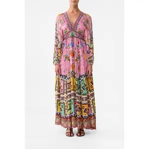 Camilla Lace Up Front Long Dress - Patchwork Panorama