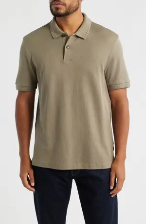 BOSS Parlay Herringbone Cotton Polo - Open Brown