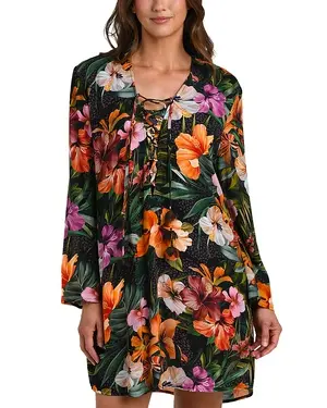 La Blanca Tropical Print Lace-up Tunic Swim Cover-up - Multi