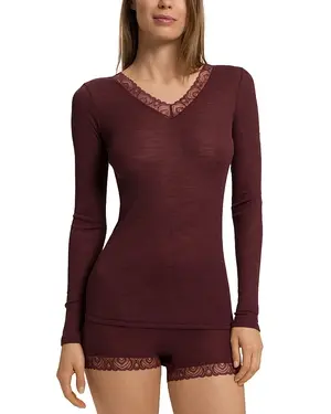 Hanro Lace Trim Long Sleeve Top - Vivid Brown