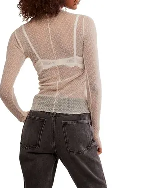 Free People Sheer Mesh Long Sleeve Top With Front Tie Detail - Tea