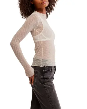 Free People Sheer Mesh Long Sleeve Top With Front Tie Detail - Tea