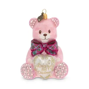 JAY STRONGWATER Baby's First Christmas Teddy Glass Ornament - Pale Pink
