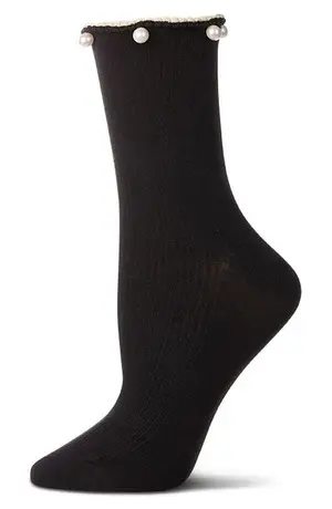 MEMOI Faux Pearl Lettuce Edge Crew Socks - Black