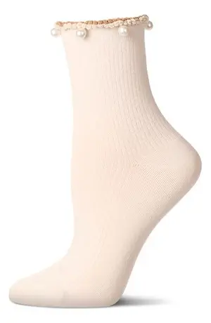 MEMOI Faux Pearl Lettuce Edge Crew Socks - Ivory