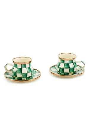 MACKENZIE-CHILDS Check Set Of 2 Espresso Cups & Saucers - Emerald