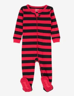 LEVERET Striped Cotton Footed Pajamas - Striped Red & Black